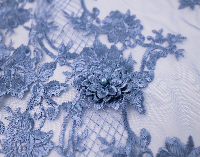 Blue 3D Embroidered Lace on tulle Panel - Alvaascé Fabrics Studio